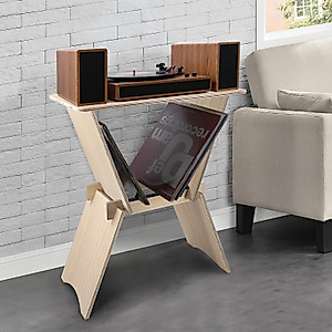 M MUSIC PUBLIC KINGDOM Record Player Stand with Record Storage Shelf, Solid Wood Turntable Stand, Light Wood