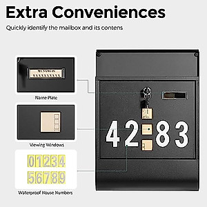 LAND·VOI Locking Mailbox with 4 Keys, Wall Mounted Metal Postbox，Nameplate, Newspaper Holder, Easy to Install, 3.4 x 11.8 x 13.3 Inches, Includes Vinyl Mailbox Numbers, Matt Black