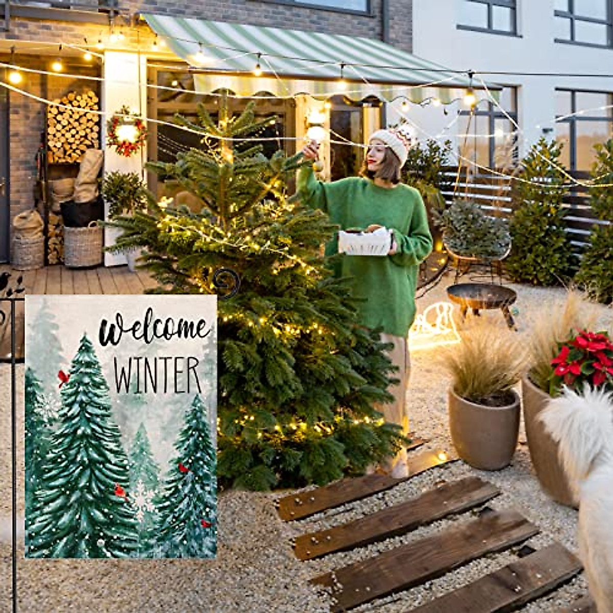 Welcome Winter Pines Tree Garden Flag Double Sided Cardinal Red Bird Christmas Garden Flag for Outside Xmas Farmhouse Seasonal Outdoor Flag