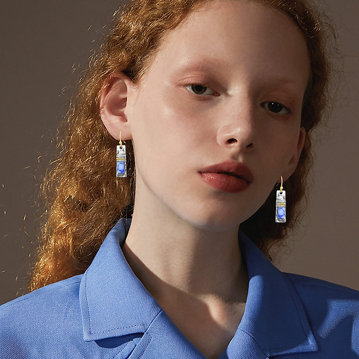 Unique Handmade Bohemian Enamel Vintage Matt Silver Bar Dangle Earrings Chic Round Blue Gemstone Geometric Square Drop Earrings for Women Statement Jewelry (Silver)