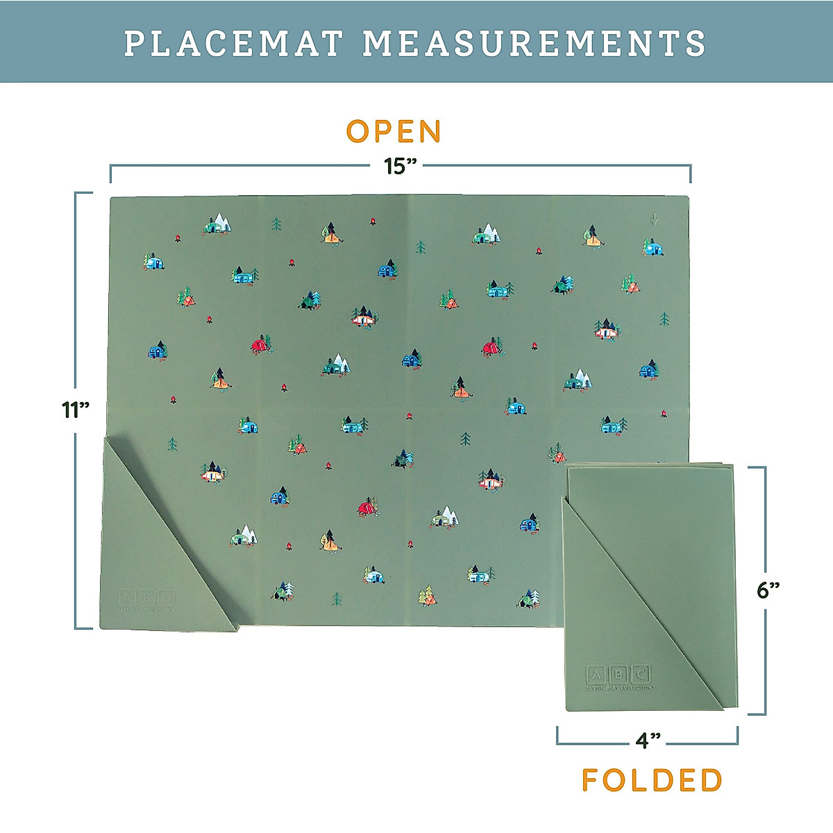 Austin Baby Co Silicone Placemat – Stain Resistant Portable Place Mats – Food Grade Silicone, Dishwasher Safe and Folds into Pocket for Easy Storage On The Go (Camper Sage Green)