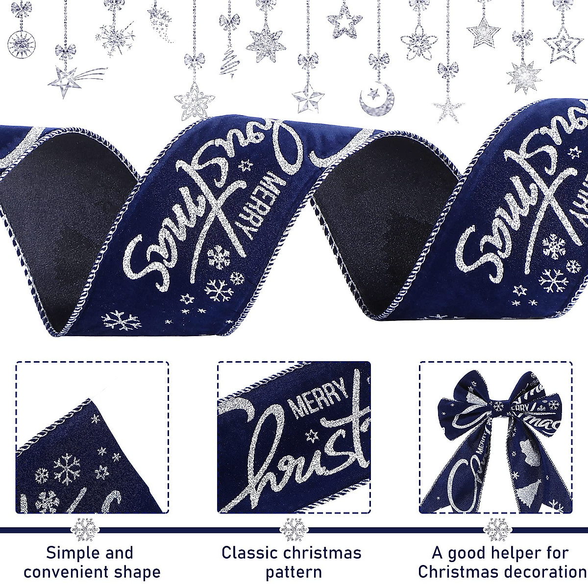 2 Rolls Christmas Wired Ribbon - Red, Green, Navy Blue, Merry Golden Silver for Gift Wrapping - Velvet Fabric for Xmas Home Decoration DIY Crafts, 2.5 Inch (Navy Blue, 10 Yards)