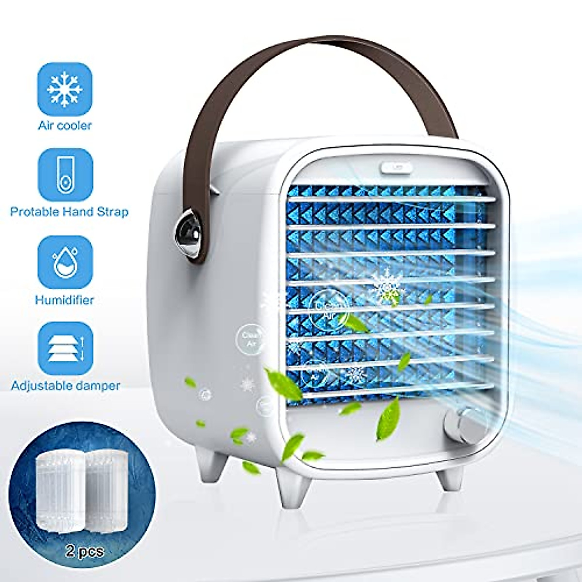 SmartDevil Portable Air Conditioner Fan, Small USB Desktop Air Cooler Fan, USB Personal Cooling Fan with Night Light, Built-in Ice Tray, Strong Wind, for Home, Office, Bedroom (White)