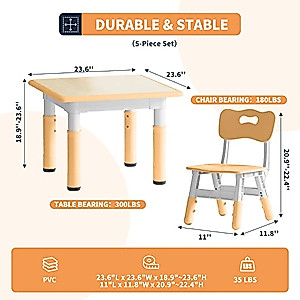 wanan Kids Table and Chair Set, Height Adjustable Toddler Table and 4 Chairs Set, Kids Table for Playing, Drawing, Eating, Studying, Easy to Clean Arts & Crafts Table for Ages 2-10 (Natural)
