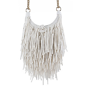 LUI SUI Women's Fringed Faux Suede Leather Cross Body Bag Chain Shoulder Bag Tassel Handbag (White)