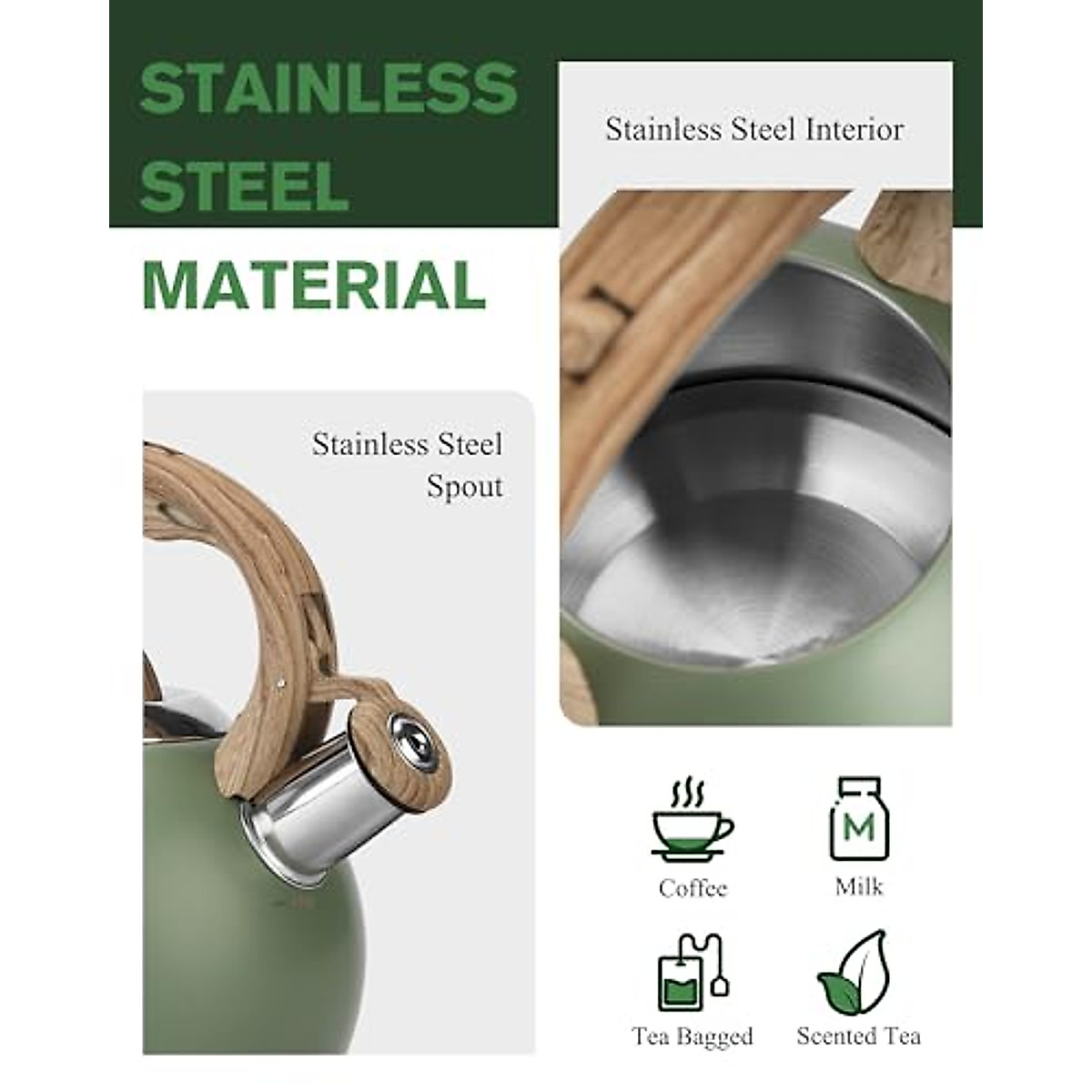 Hauce Radio Tea Kettle Stovetop, 2.1 Quart Stove Top Whistling Tea Kettle, Teapot Kettles with Food Grade Stainless Steel and Wood Pattern Folding Handle, Suitable for All Heat Sources