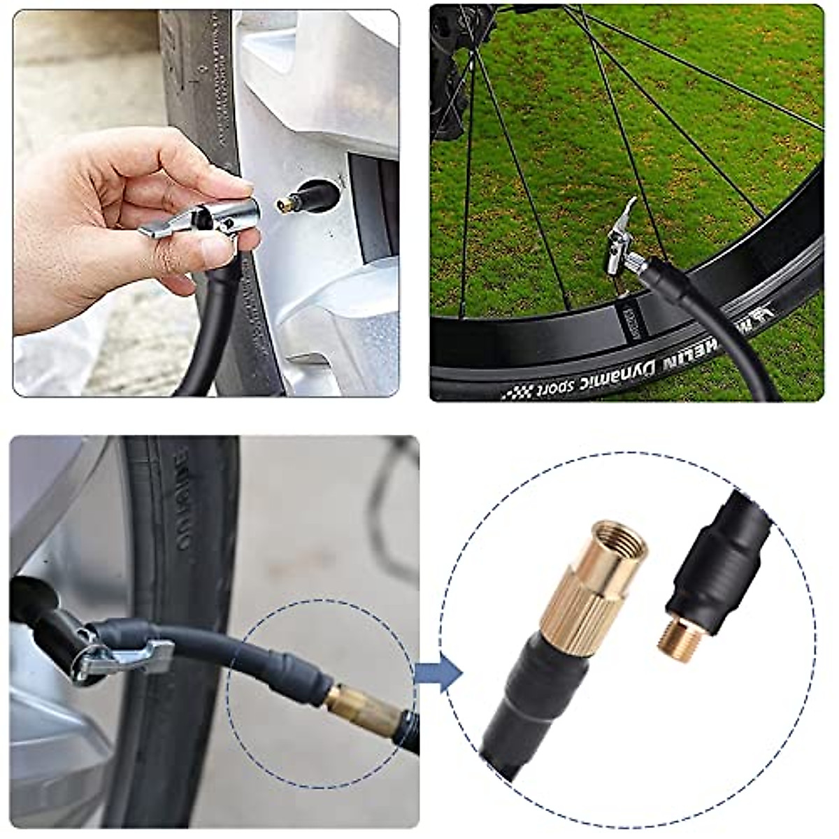 2PCs Air Inflator Hose Adapter Convert Twist On Connection to Lock On Connection, Locking Air Chuck with Air Hose and Standard Tire Valve Fine Thread