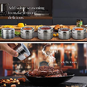 ILEBYGO Magnetic Spice Tins 12pcs Stainless Steel Spice Jars Storage Spice Containers,Clear Top Lid with Sift or Pour,120 Spice Stickers,Magnetic on Refrigerator and Grill
