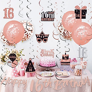 WOJOGO Sweet 16 Party Decorations Rose Gold 16th Birthday Decorations for Girls Pre-strung Happy 16th Birthday Party Banner Hanging Swirls Birthday Cake Topper Balloons