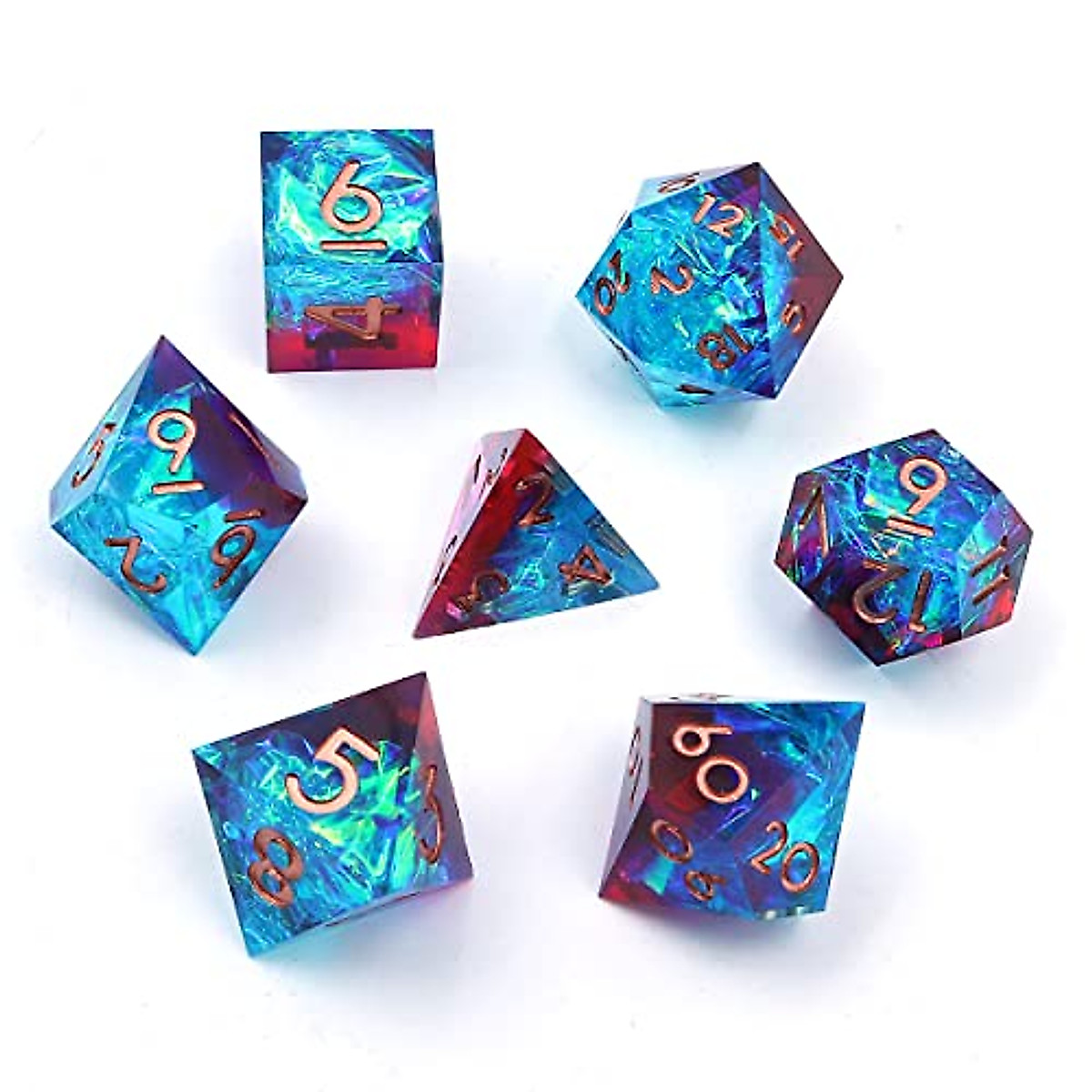 DollaTek Resin Transparent RPG Dice Set, 7pcs DND Dice Set D4 D6 D8 D10 D12 D20, Red and Blue with Gold Foil, for Dungeons and Dragons and Board Games