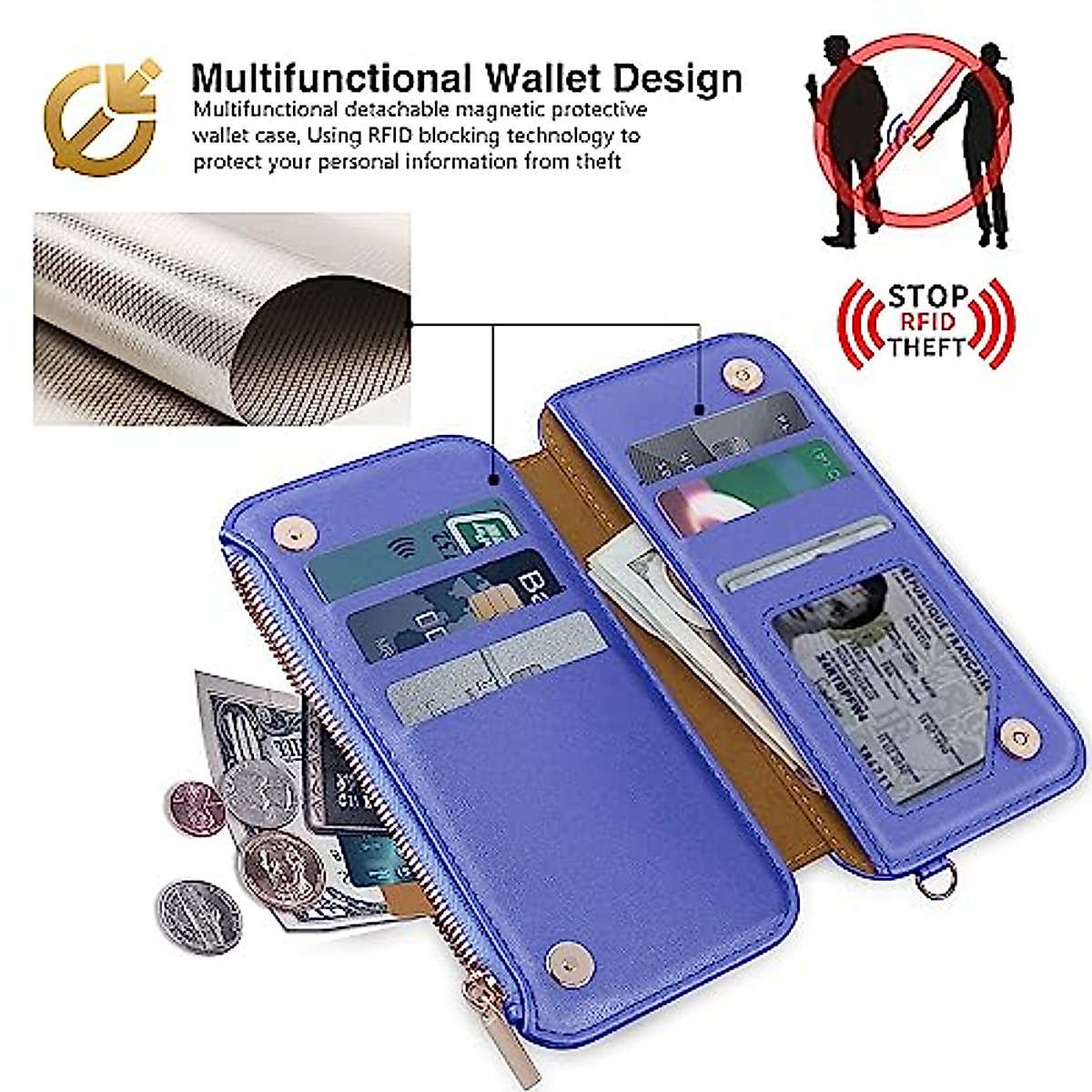 CIVICASE for iPhone 13 Pro Zipper Case with,2 in 1 Wallet Case Magnetic Detachable,RFID Card Protection,6 Card Slots Zipper Pocket Handbag,Wireless Charging Compatible Magsafe -Ocean Blue