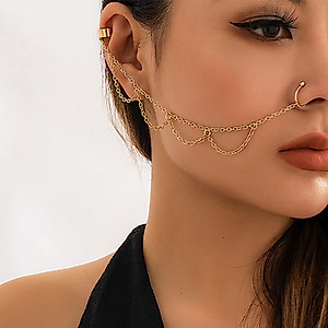 Kenjudess Sexy Pearl Beaded Tassel Nose Ring with Chain to Ear Cuff Non-pierced Septum Hoop Ring Indian Belly Dance Party Nose Accessories for Women (Gold chain)