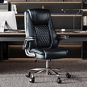 Homy Grigio High Back Ergonomic Office Chair with Adjustable Lumbar Support, Ergonomic Home Office Desk Chair with Wheels PU Leather Computer Chair Executive Office Chair with Flip-Up Arms(Black)