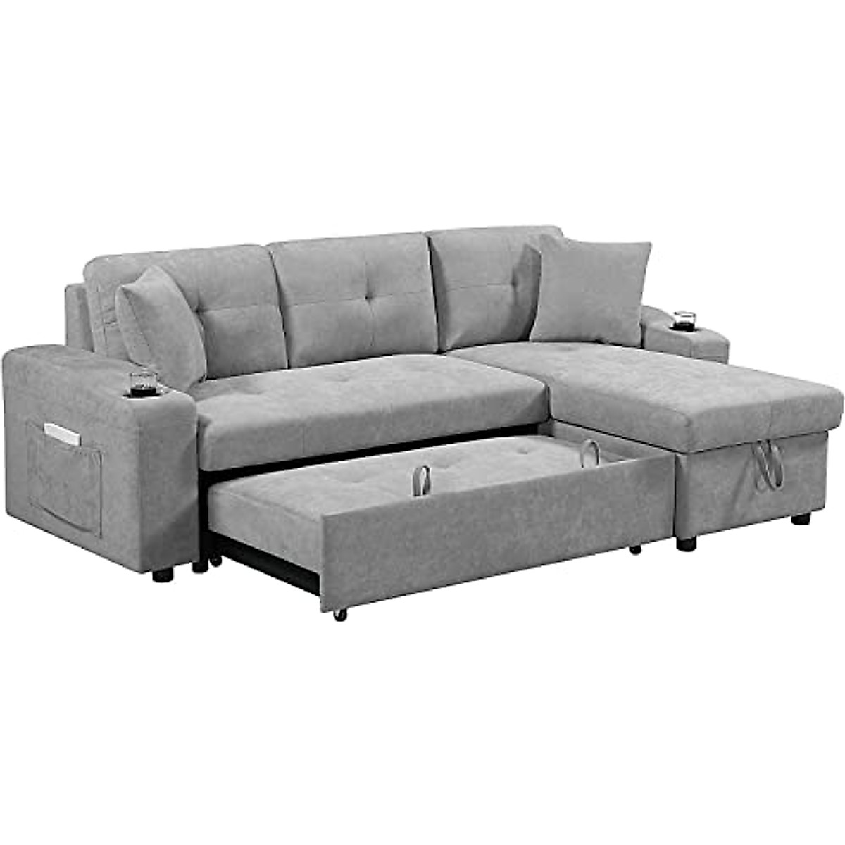 GAOPAN Modern Linen Sectional Sleeper Sofa Bed Convertible L-Shape Couch with Storage Chaise Lounge,Side Pockets,Cup Holders,2 Pillows for Living Room Apartment Furniture, Light Gray