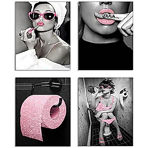 zaixko Bathroom Decor Fashion Women Canvas Prints Pink Wall Decor Black and Pink Pictures for Bathroom Glam Wall Art Canvas Posters Pink Bathroom Decor