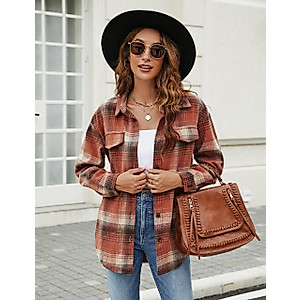 Blooming Jelly Flannel Shirts for Women Long Sleeve Plaid Shirt Shacket Jackets Fall Clothes 2023 (Small, Orange)