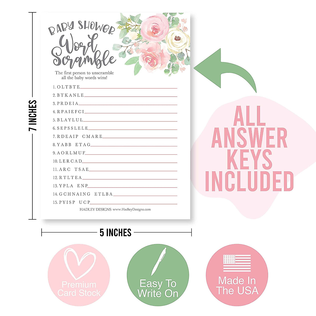 25 Floral Word Scramble For Baby Shower, 25 True Or False Game, 25 Baby Animal Matching, 25 Nursery Rhyme Game - 4 Double Sided Cards Baby Shower Ideas, Baby Shower Party Supplies