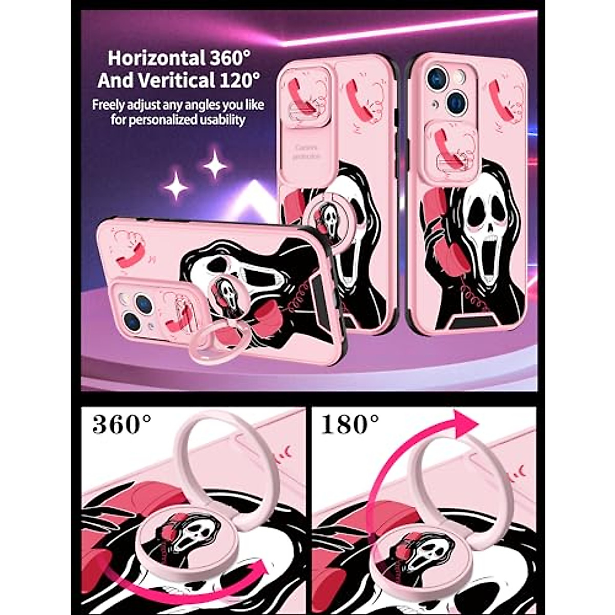 Goocrux (2in1 for iPhone 14 Case Skull Skeleton for Women Girls Cute Girly Phone Cover Cool Funny Gothic Design with Slide Camera Cover+Ring Holder Cases for iPhone14 6.1 inch