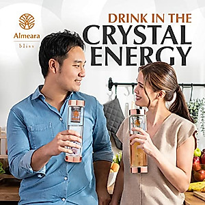 Almeara Crystal Water Bottle with Authentic Amethyst, Rose Quartz & Clear Quartz Removable Gemstones, Loose Leaf Tea Infuser - Relaxation, Healing & Spiritual Gifts for Women - Witchcraft Supplies