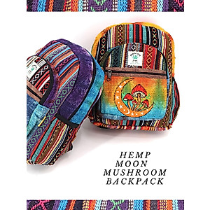 Unique Moon & Mushroom Embroidered Himalaya Hemp Hippie Backpack Festival Backpack FAIR TRADE Handmade with Love. (MINI)