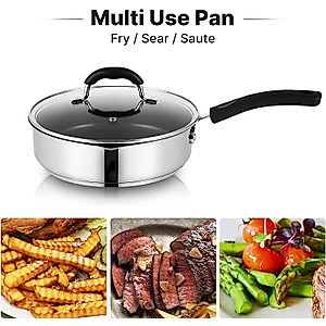 Qstar 3 qt. Stainless Steel Aluminum Nonstick Saute Deep Fry Pan with Lid and Pour Spout