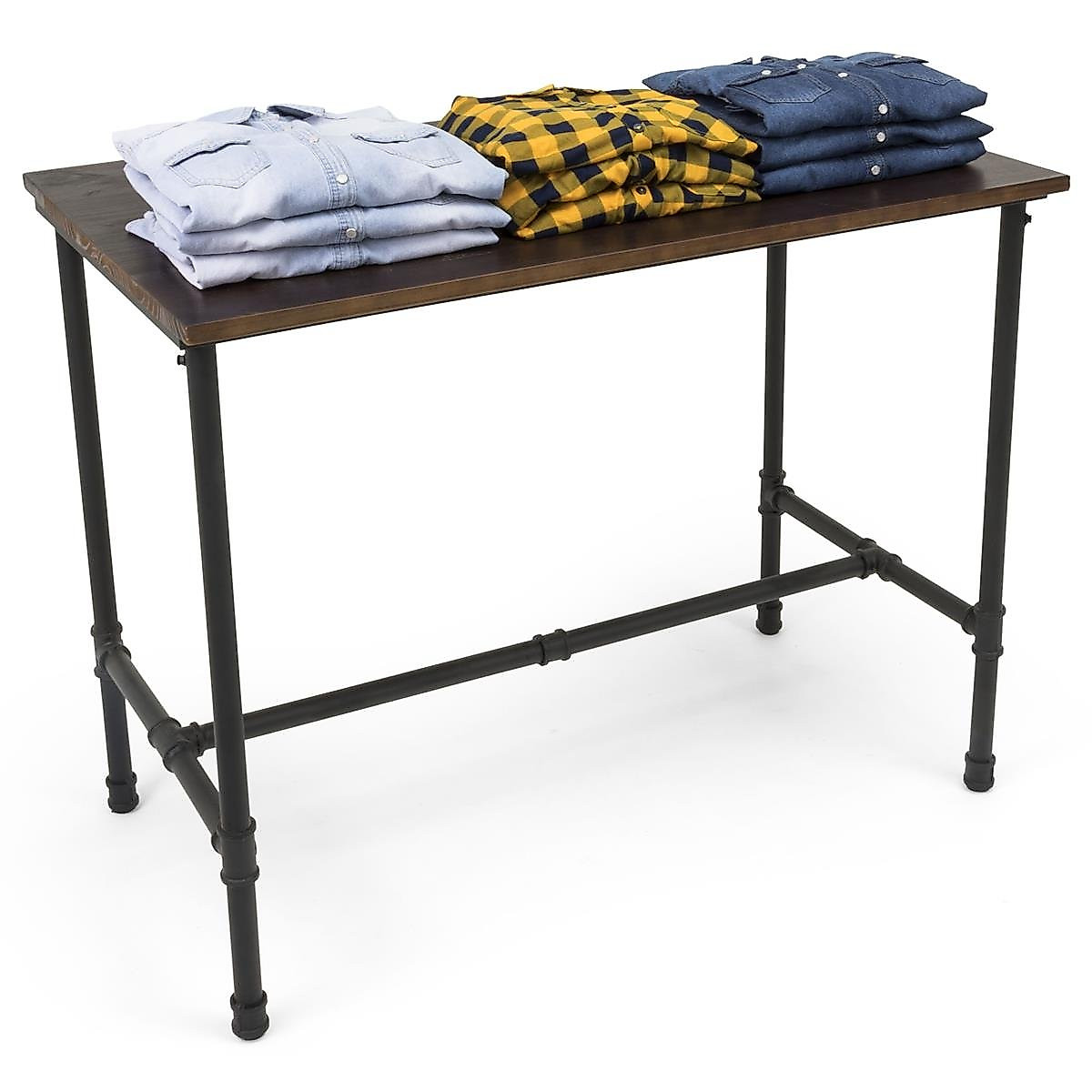 Displays2go, Pipe Display Table with Removable Shelf, Metal and Pine Wood Construction – Natural Top, Black Hardware Legs (PPLNNSTLGB)