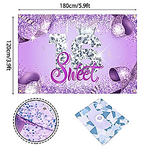 Happy 16th Birthday Banner Backdrop Sweet 16 Years Old Queen Purple Background Bday Decorations for Girls Women Photography Party Supplies Glitter