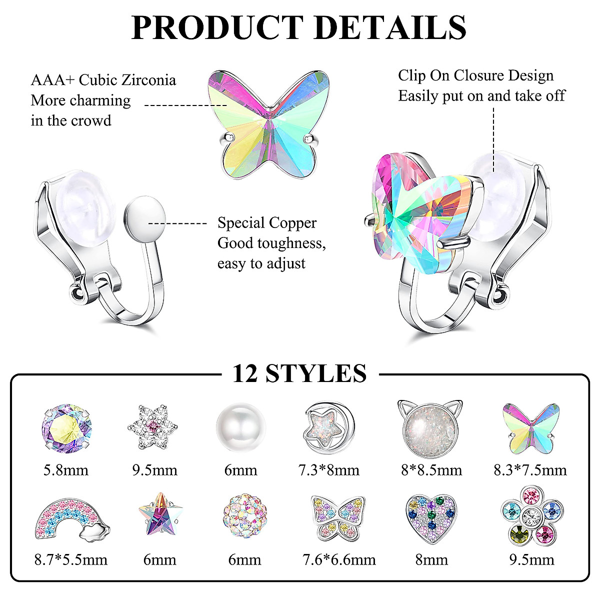 CASSIECA 12 Pairs Cute Clip on Earrings for Women Hypoallergenic Butterfly Flower Pearl Rainbow CZ Clip-on Earrings Women Multicolored Non-Pierced Earrings Set