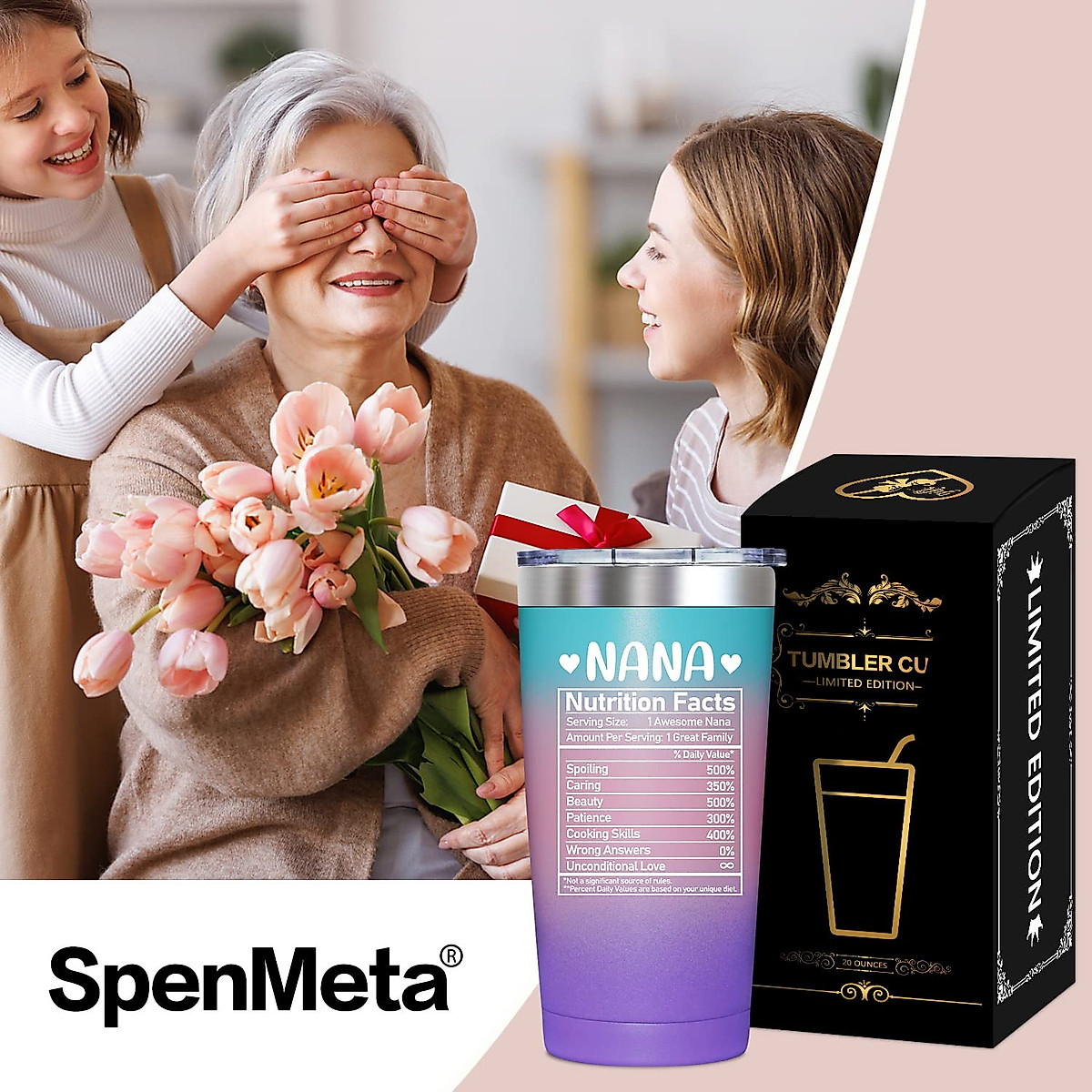 SpenMeta Nana Mothers Day Gift - Nana Gifts from Grandkids - Nana Christmas, Birthday Presents - Nana Nutrition Facts, 20oz Nana Tumbler Cup