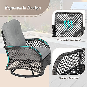 Athena Collection Swivel Patio Furniture Set, Outdoor Table and Chairs Set 3 Piece All Weather PE Rattan Conversation Set with Upholstered Seat and Backrest for Bistro, Garden, Backyard, Gray