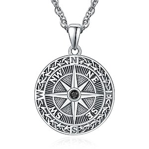 KINGWHYTE Compass Necklace 925 Sterling Silver Oxidized Retro Celtic Jewellery Compass Birthday Gifts for Men Women with Stainless Steel Chain 55cm