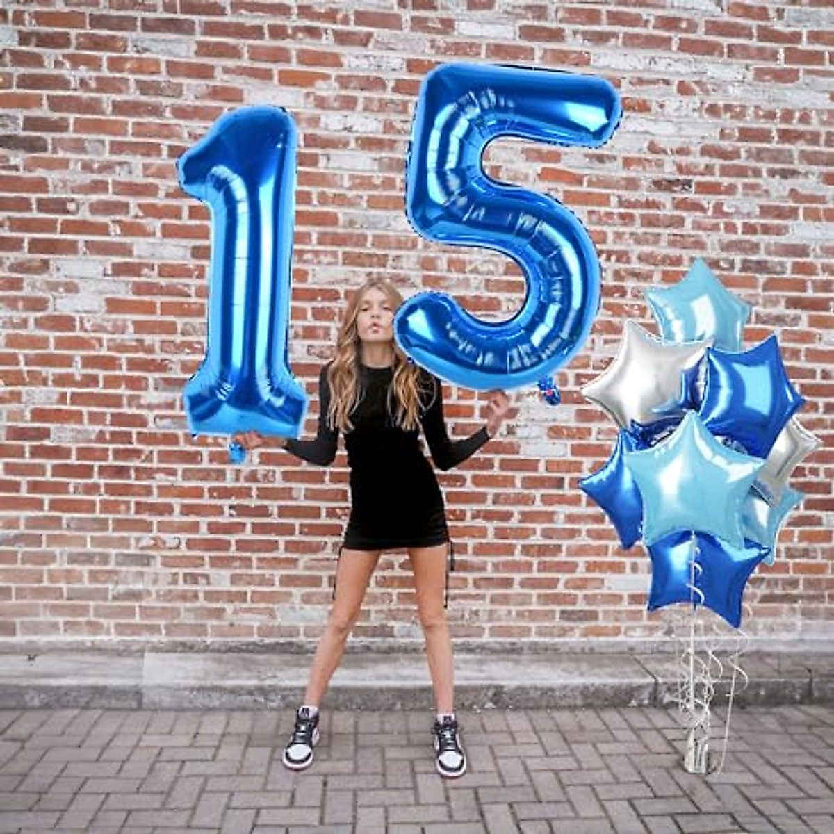 40 Inch Dark Blue Number Balloons 15, Large Royal Light Blue 15 Helium Foil Mylar Balloon, Globos Azules Self Inflating Silver Star Number 15 Balloon for Boys 15th Birthday Party Graduation Decoration