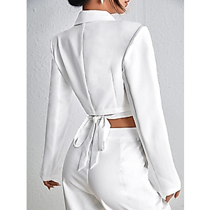Milumia Women's Shoulder Pad Tie Back Long Sleeve Lapel Crop Wrap Blazer Jacket Outerwear White Medium