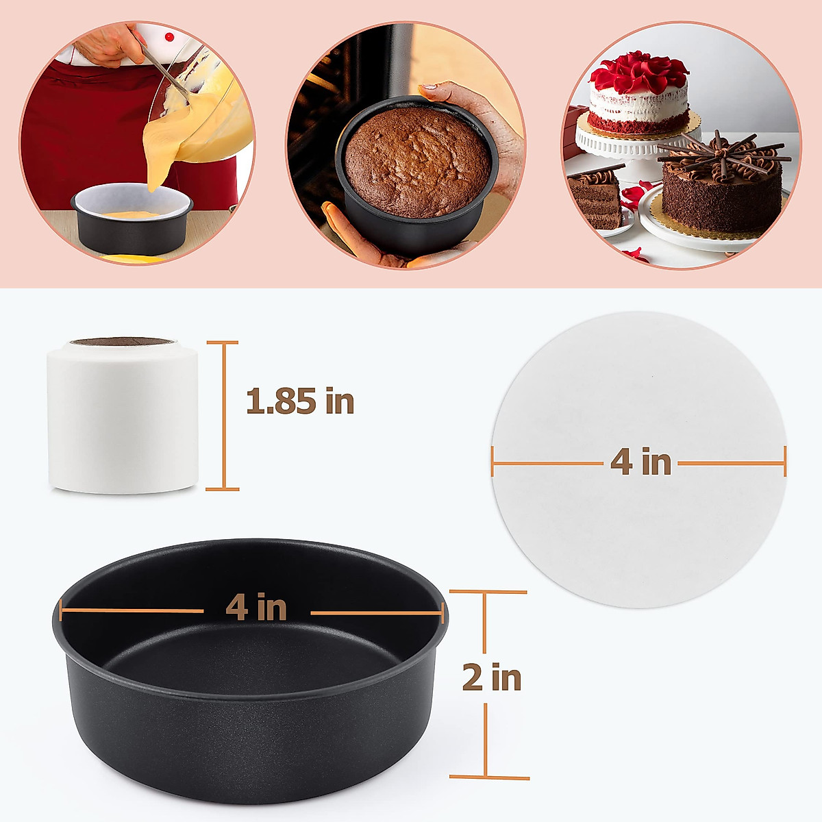 LIANYU 4 Inch Round Black Nonstick Cake Pan Set of 3, Stainless Steel, Ideal for Birthday Baking Wedding