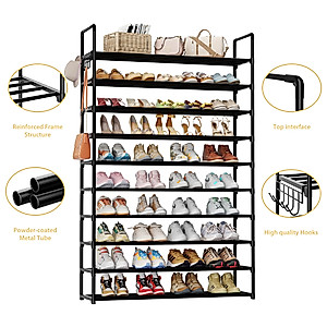 HOMICKER Shoe Rack,10 Tier Shoe Organizer Large Shoe Storage with Hooks,Fit 40-50 Pairs Shoes,Metal Tall Shoe Shelf for Closet,Entryway,Garage,Bedroom