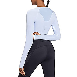 BALEAF Women's Workout Top Long Sleeve Crop Top Athletic Cropped Pullover for Running Gym Yoga Blue M