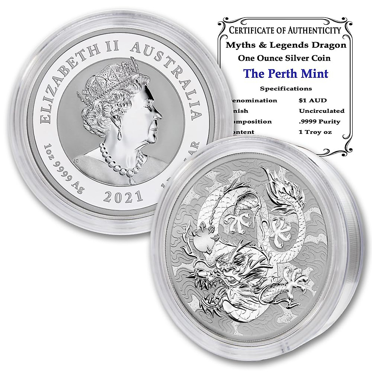 2021 P 1 oz Australian Silver Myths & Legends Dragon Coin Brilliant Uncirculated (BU - in Capsule) with Certificate of Authenticity $1 Seller Mint State