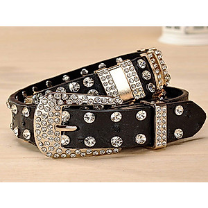 Women's Western Cowgirl Rhinestone Studded Bling Belt, Luxury Designer Jeans Women Belt Length 41 inch Black