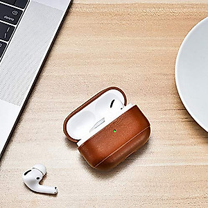 AirPods Pro Case, ICARER Airpod Pro Leather Case Genuine Leather Portable Protective Shockproof Cover for Apple AirPods Pro Support Wireless Charging and Led Visible (Brown)