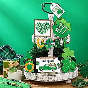 12 Pieces St. Patrick's Day Tiered Tray Decor Wooden Shamrock Decorations Table Wooden Gnome Heart Irish Sign Farmhouse Natural Wood Sign for Home Kitchen Bar Decoration