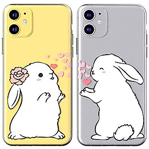 Toik Matching Couple Cases for Apple iPhone 11 Pro Xs Max Xr 10 X 8 Plus 7 6s 5s SE Cover Silicone TPU Flexible White Love Cute Design Print Bunnies Adorable Animal Protective Anniversary Girly