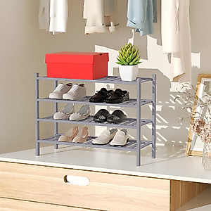 RONGJIA 4-Tier Natural Bamboo Shoe Rack - Stackable Storage Shelf with Multi-Function Combinations - Free Standing Shoe Racks for Convenient Shoe Organization（Gray） 11" D x 27" W x 28" H