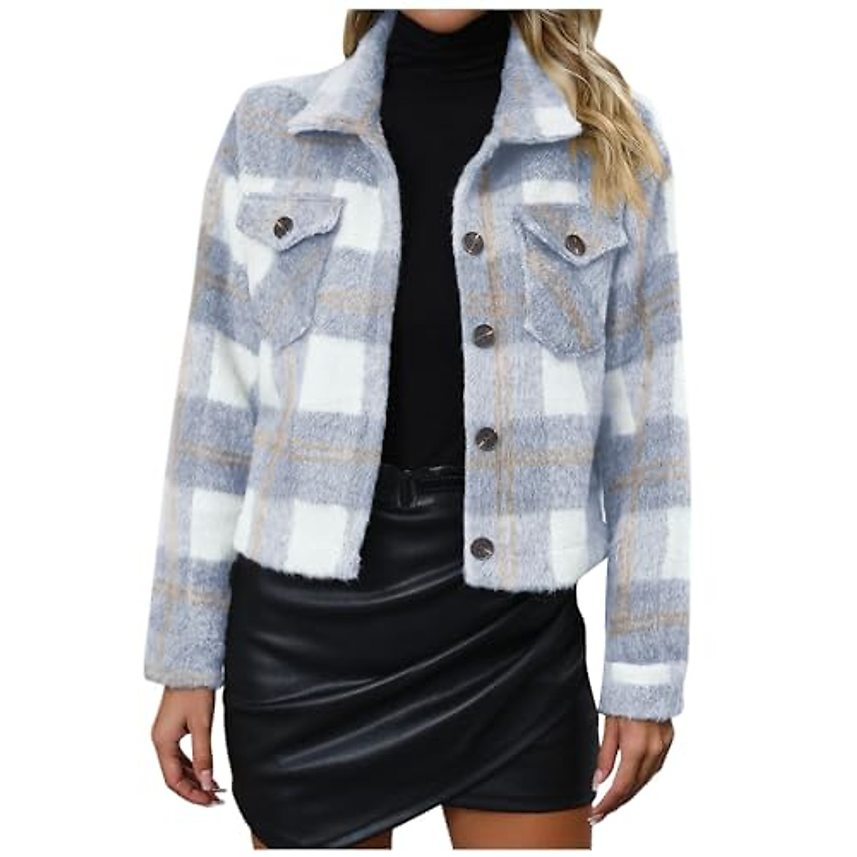Sweater Coat, Women's Woolen Winter Casual Long Sleeve Plaid Mohair Button Jackets Outwear Short Coats Pea For Women Yellow Rain Coats Jackets Puffer With Hood Jacket Coat (XL, Light blue)