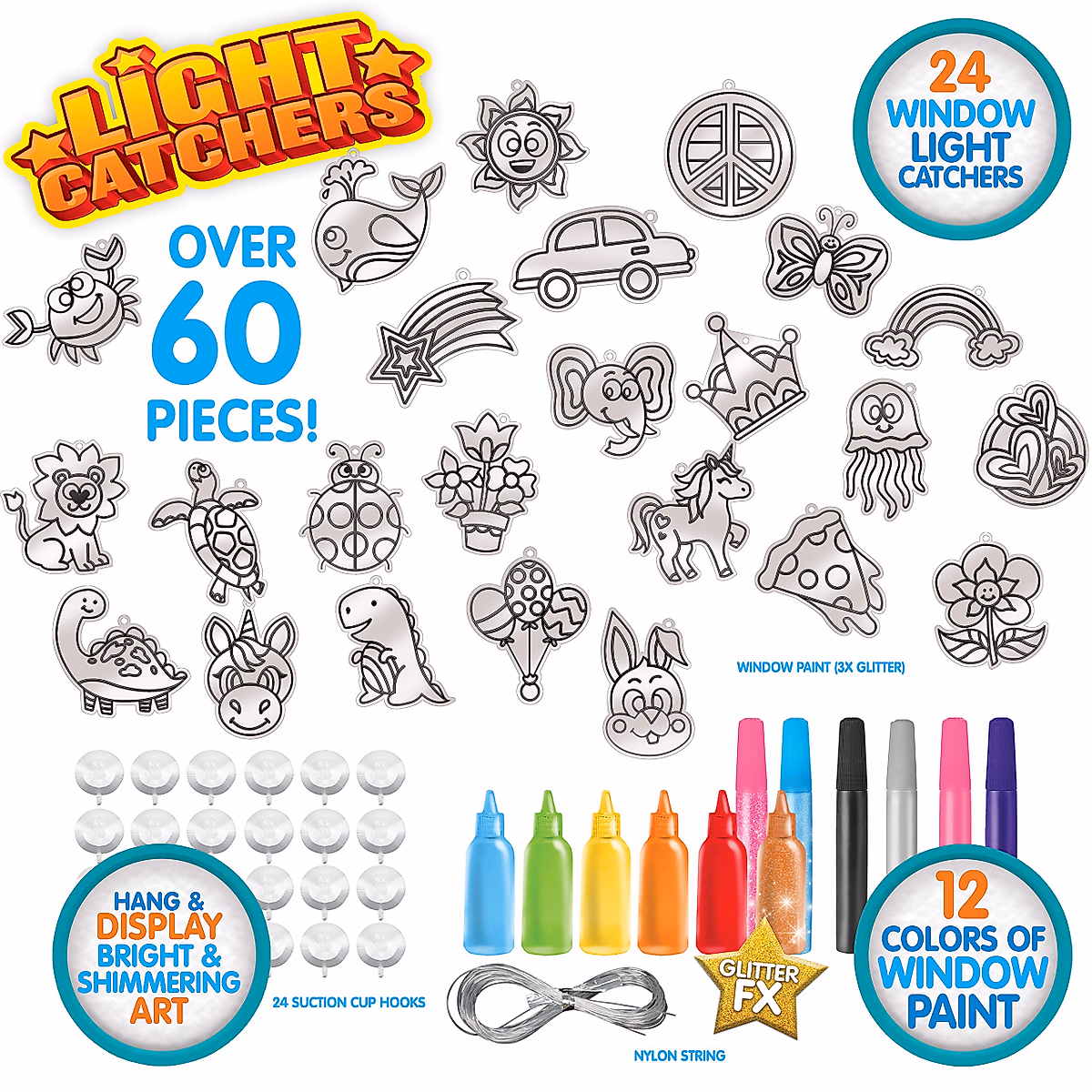 Klever Kits 24PCS Window Art Suncatcher Paint Kit, Create Your Own Window Art Sun Catcher Craft Kit for Kids Ages 4-8, DIY Suncatchers for Toddler Girls Boys Painting Activities Art Project