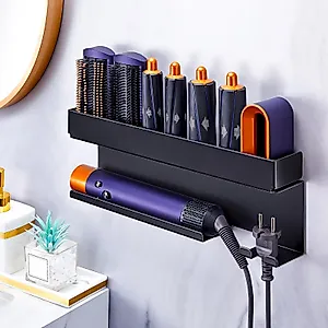 WAYASI Blow Dryer Holder Wall Mounted Hair Straightener Holder, Blow Dryer and Curling Iron Holder for 7 in 1 Styler Attachments, Black Hair Dryer Holder, Bathroom Hair Tools Organizer and storage