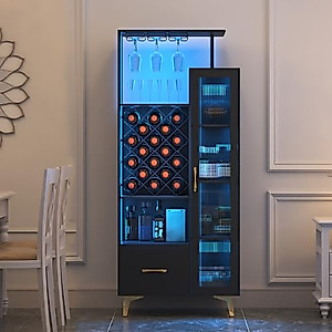 Vlsrka LED Liquor Wine Cabinet, Wine Bar Cabinet with USB Port, Bar Cabinets for 18 Bottle Wine Rack and 3 Glass Holder, Tall Sideboard Buffet Storage Cabinet for Living, Dining Room, Black