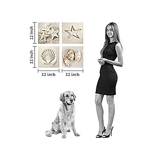 Coastal Serene Canvas Wall Art: Shells on Beach Sand Giclee Print Painting for Wall Decor for SPA Room (12''x12''x4pcs)