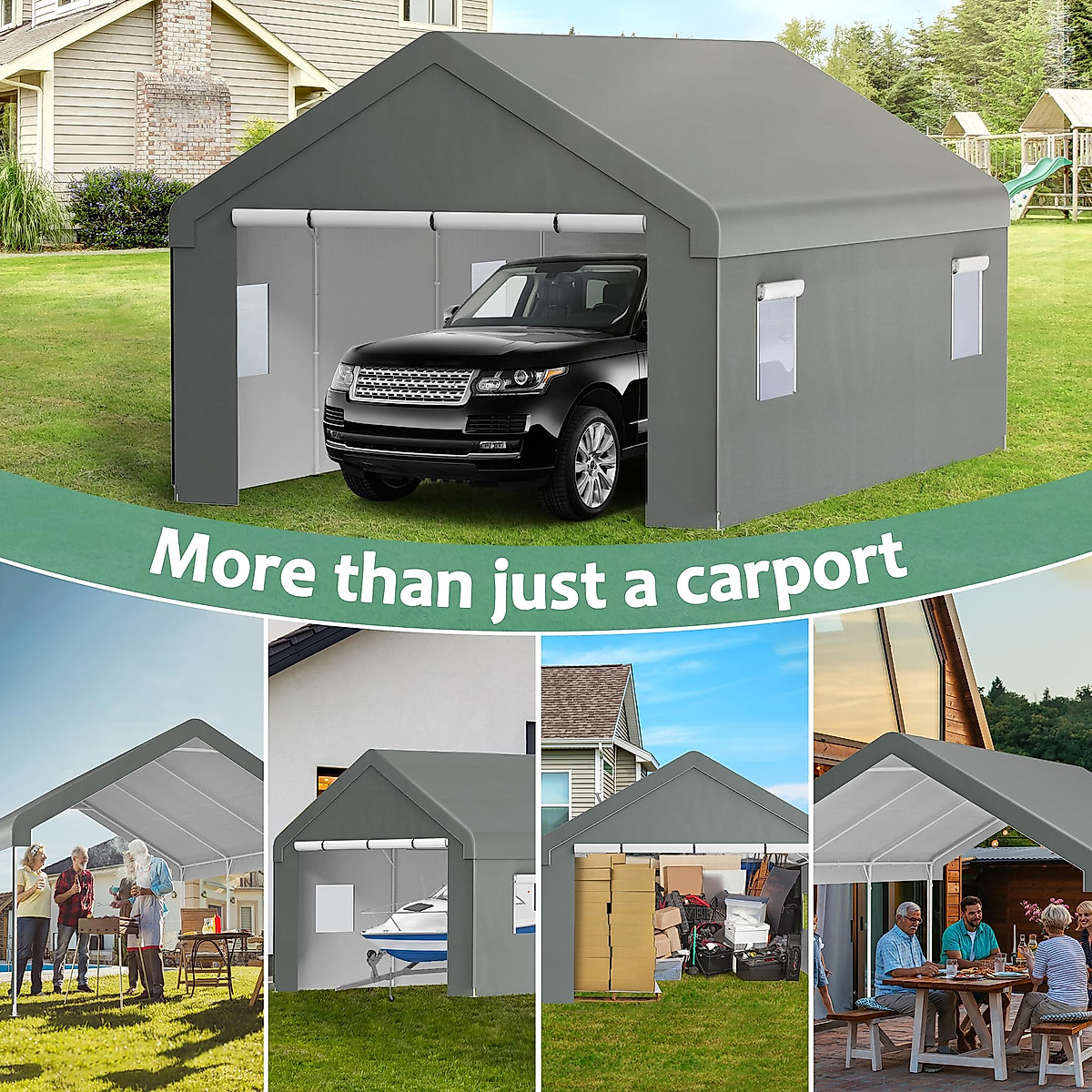 ROOMTEC Outdoor 13x20 FT Carport, Heavy Duty Canopy Storage Shed with Mesh Windows and Pure iron pipe, Waterproof Oxford Cloth, Removable Sidewalls & Doors, for Car, Boat, Party, Wedding, Light Grey