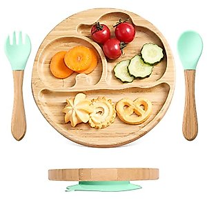 Suction Plates for Baby & Toddler, Bamboo Divided Platter Feeding Dishes with Silicone Fork& Spoon, All-Natural Baby Food Plate Stays for Baby-Led Weaning, Non-Slip Design