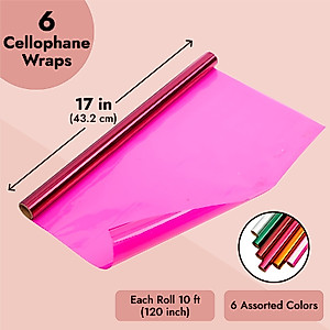 6 Rolls Transparent Colored Cellophane Wrap for Gift Wrapping, 6 Colors (17 Inches x 10 Feet)